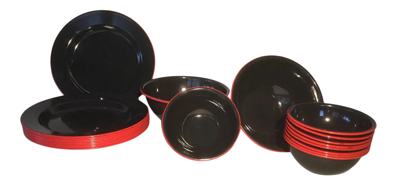 Enamel Dinnerware in Black and Red - Set of 22 Pieces | Chairish