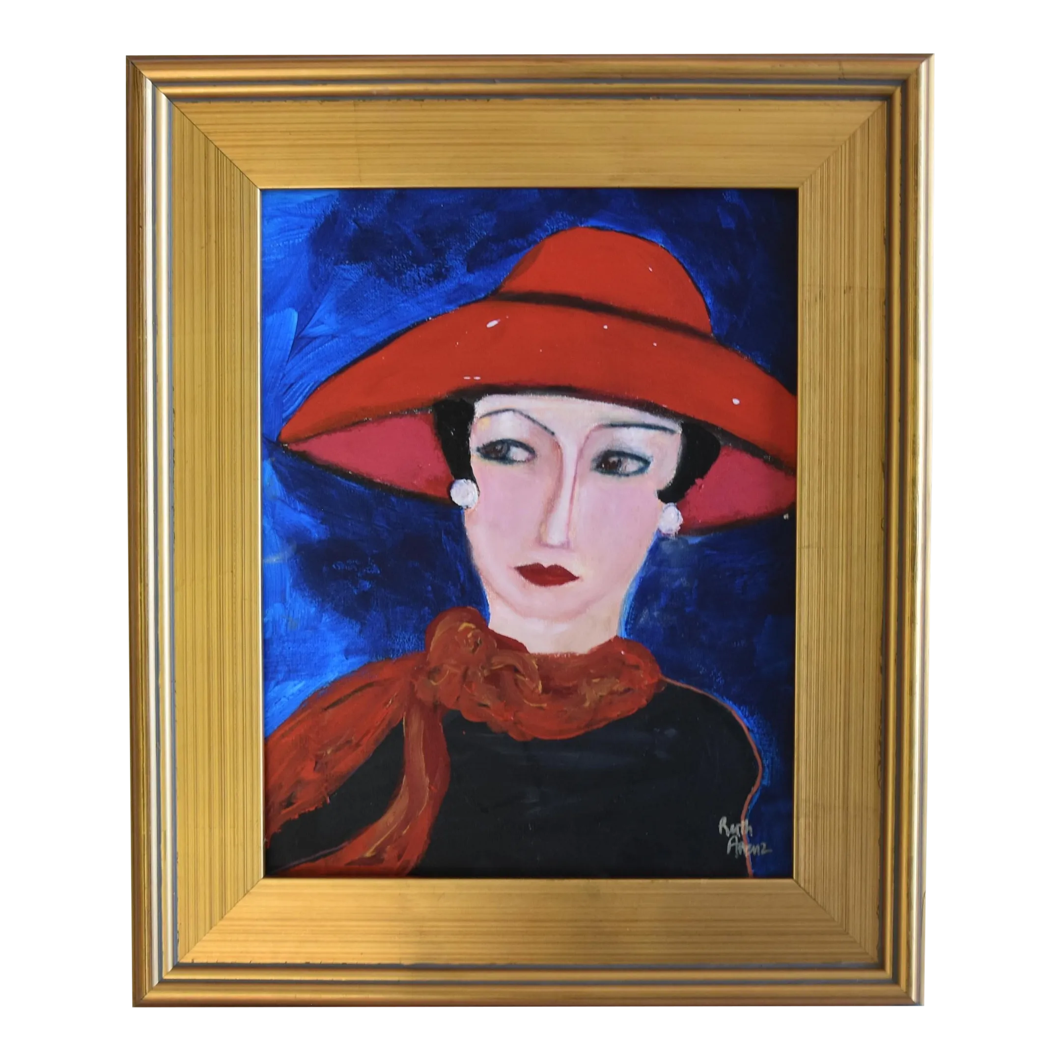 French Mademoiselle With Red Hat Portrait Oil Painting W/ Antiqued Gold ...