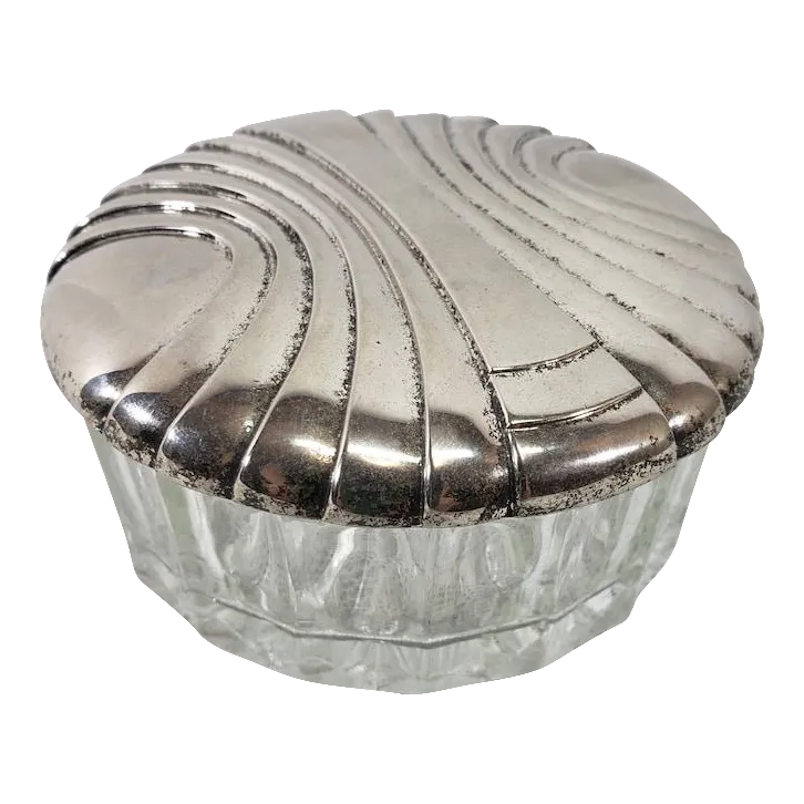 Vintage 1980s Art Deco Silver & Crystal Powder Puff Jar | Chairish