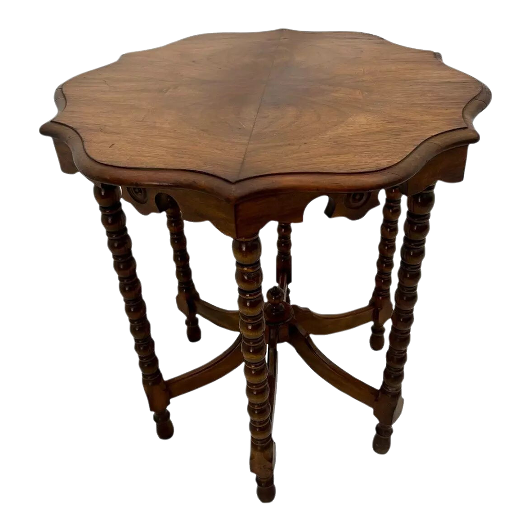 1900s Victorian Parlor Table Six Legs Burled Walnut Scalloped Top Hand ...