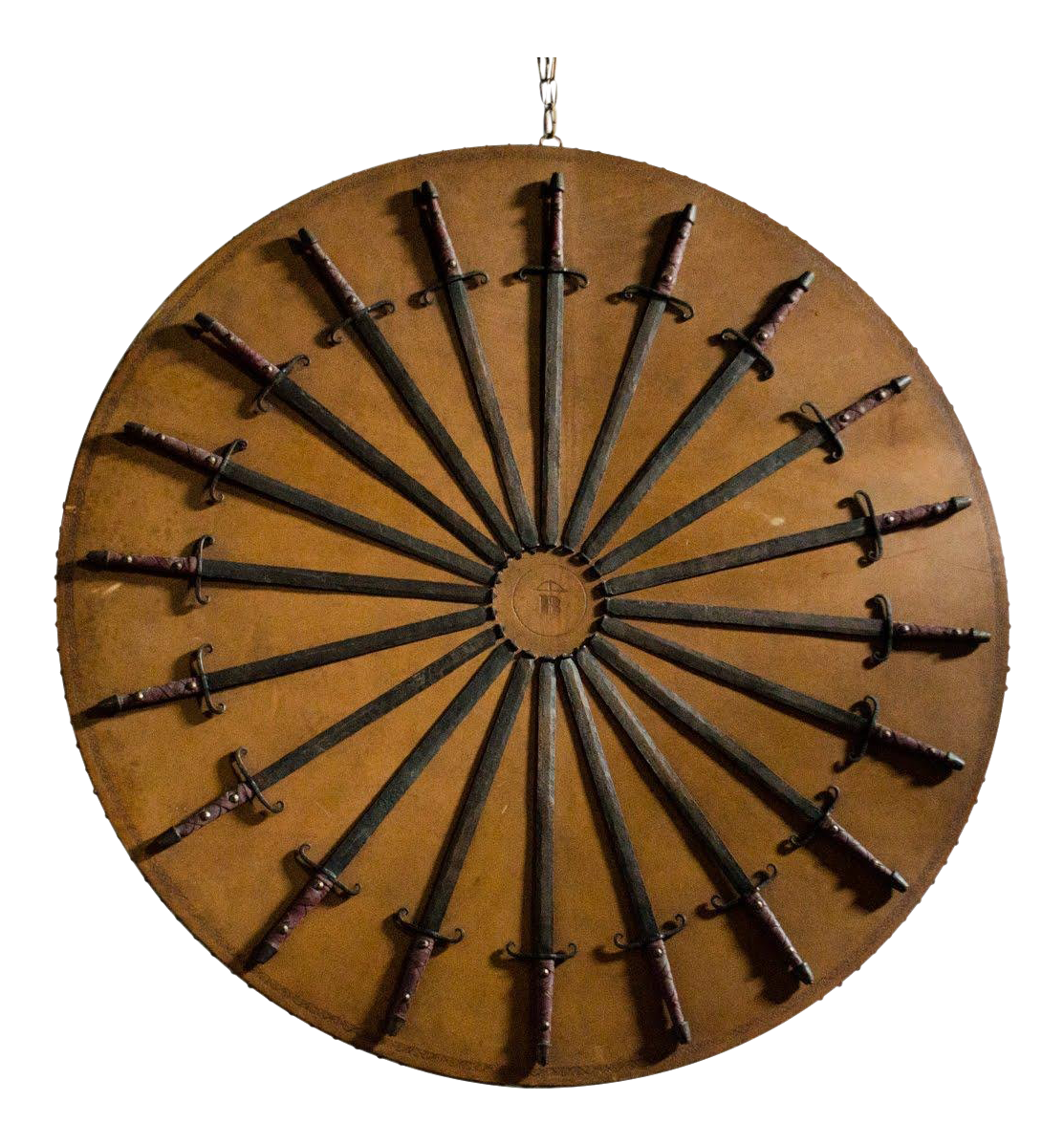 1950s Folk Art Medieval Leather and Sword Hanging Decor | Chairish