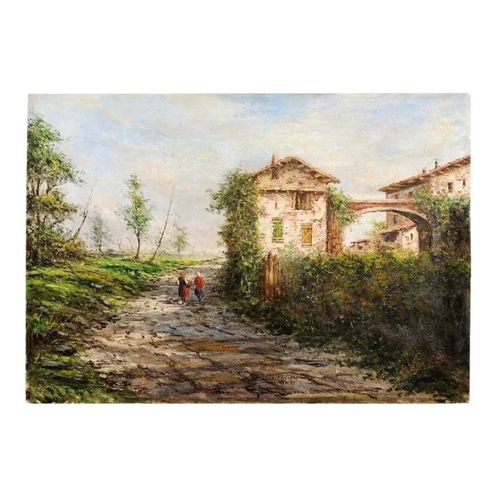 19th Century Austrian Oil Painting Depicting a Farm Scene with Two ...