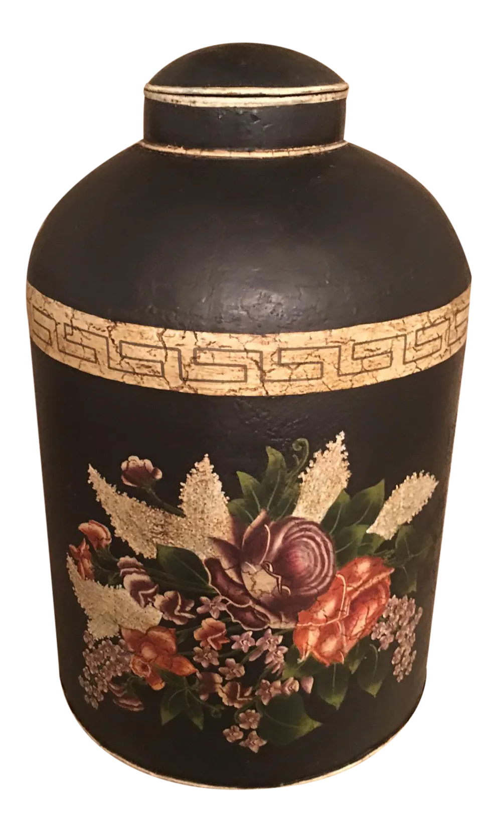 English Black Floral Design Tea Caddy | Chairish