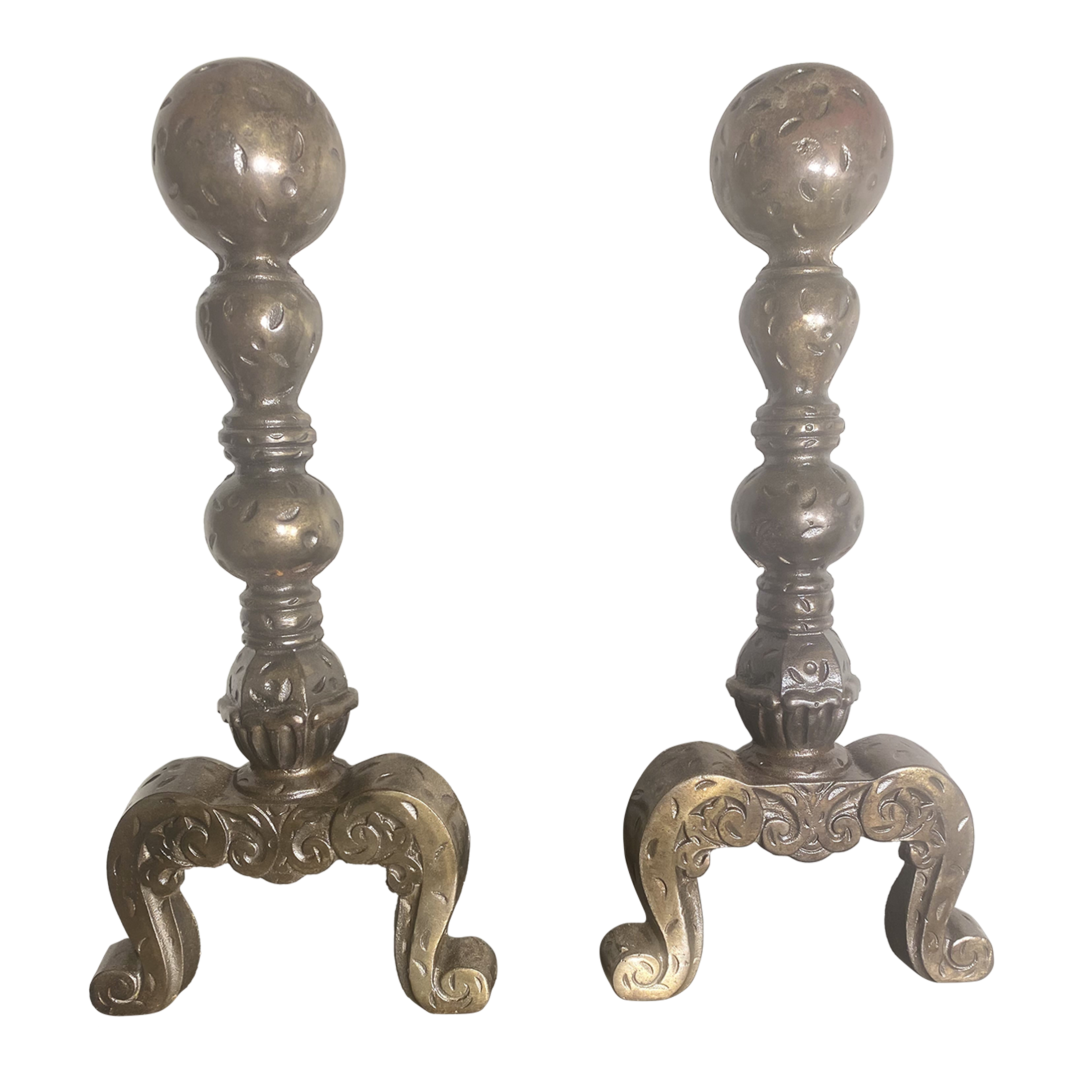 Large Andirons 1900s Hammered Texture and Cannonball Crown - a Pair ...