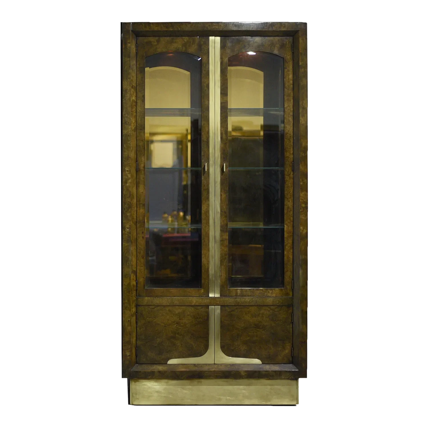 Mid-Century Amboyna Wood and Brass Lighted Curio Display by William ...