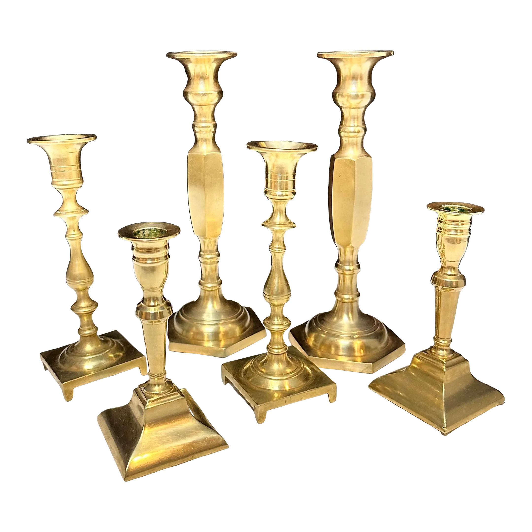 Vintage Early 20th Century English Brass Candlesticks - Set 6 | Chairish
