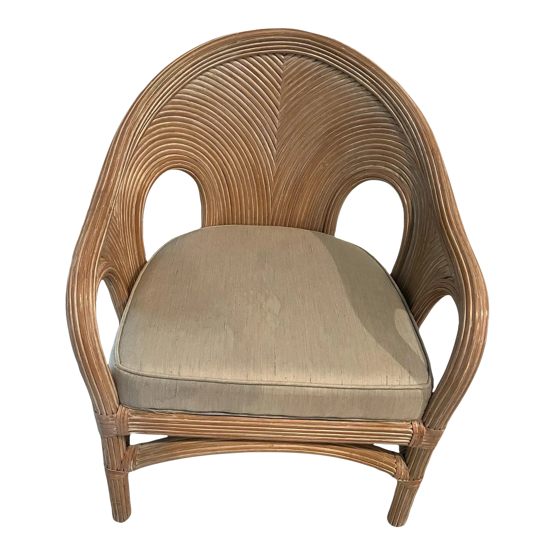1980s Vintage Pencil Reed Rattan Arm Chair With Cushioned Seat & Back ...