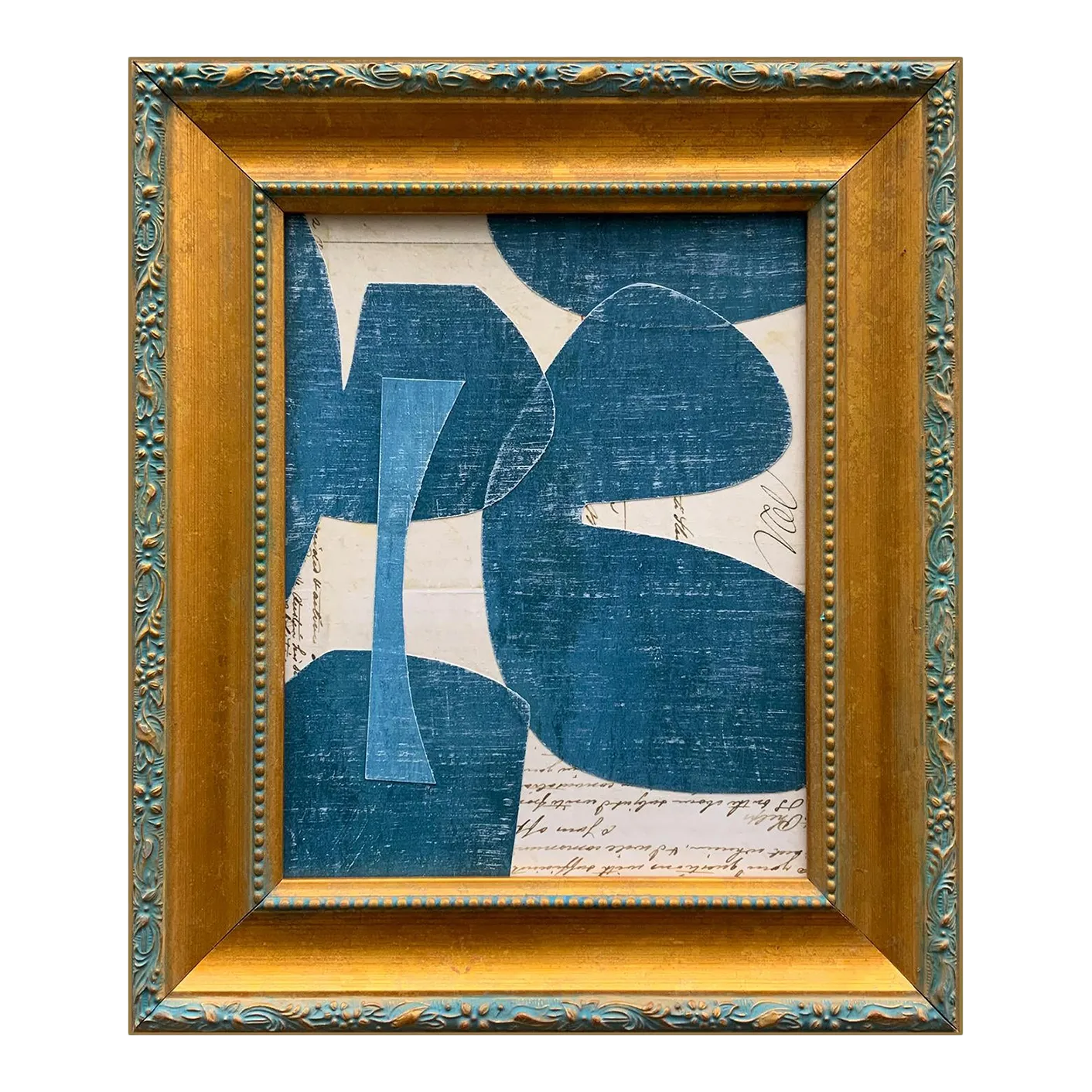 Contemporary Blue Abstract Collage in Vintage Gold Frame | Chairish