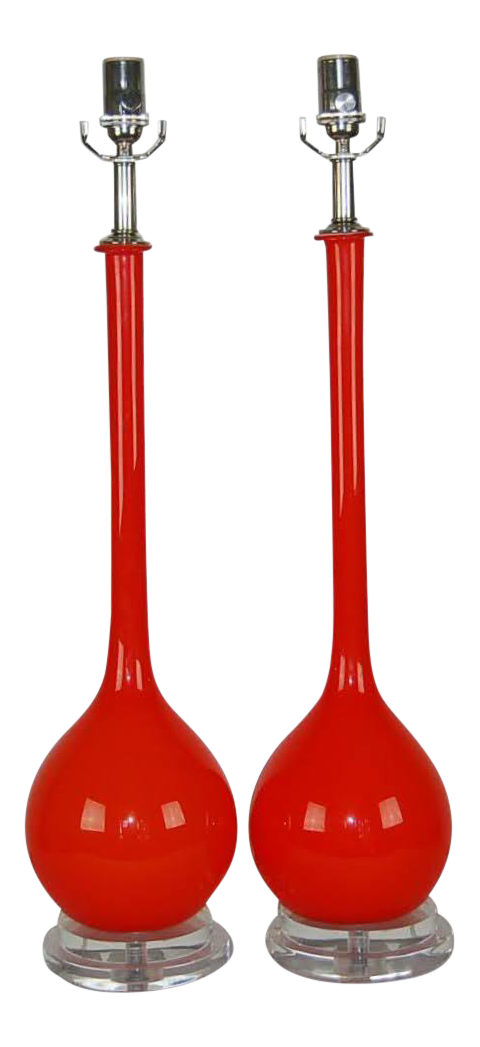 Vintage Murano Long Neck Red Orange Lamps | Chairish