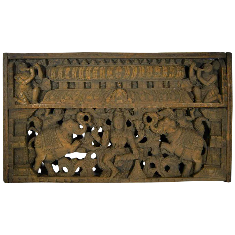 Antique Indian Hand-Carved Sheesham Religious Temple Plaque, Early 20th ...