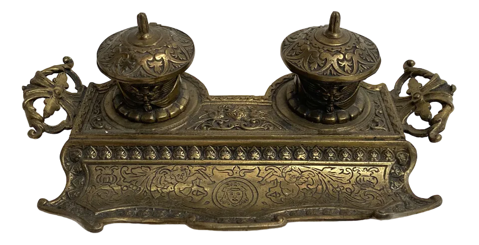 AntiqueFrench Cast Brass Double Inkwell, 1900s | Chairish