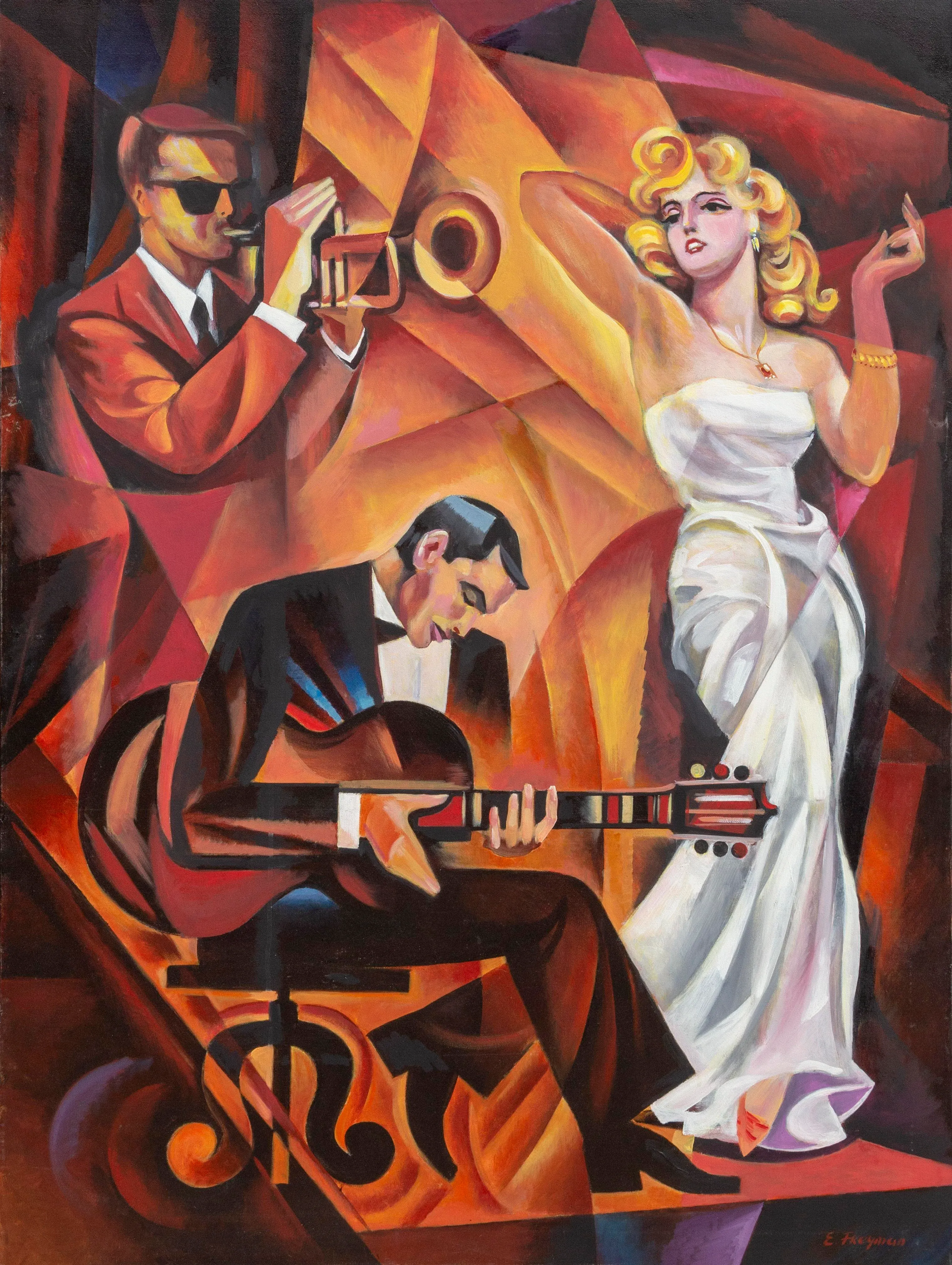 Erik Freyman, "Duet 2", Art Deco Jazz Painting | Chairish