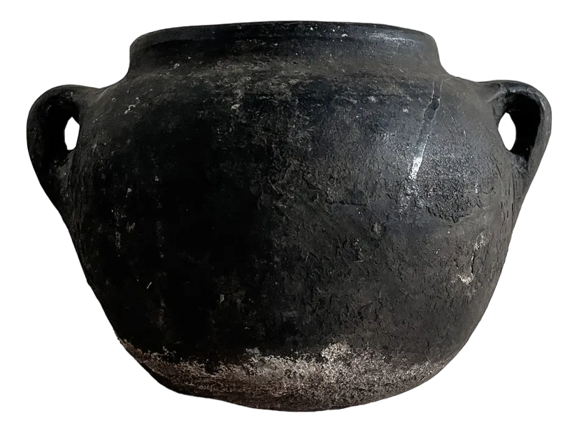 Large Antique Folk Black Ceramic Pot, Balkans | Chairish