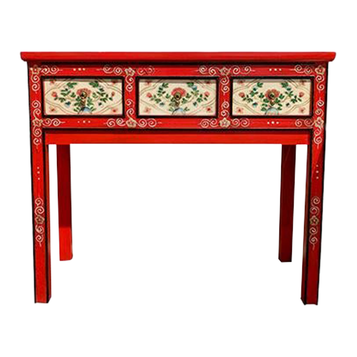 Red Asian Tibetan Hand-Painted Motif Console Table | Chairish