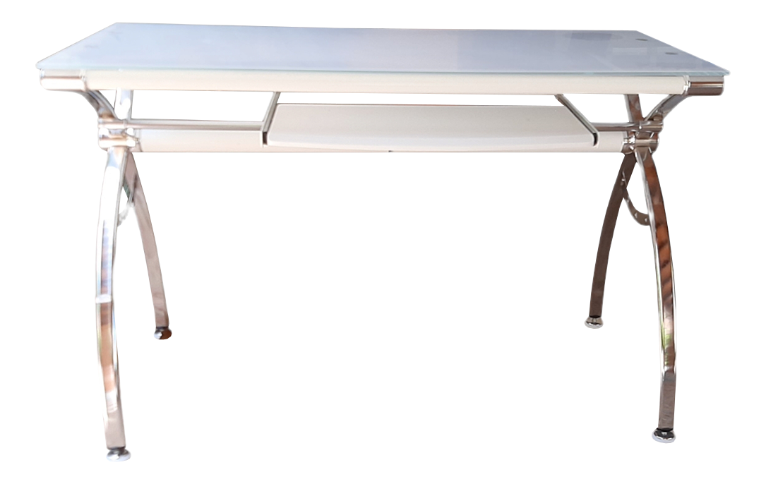Vintage White Templeted Glass Desk on Chrome Legs | Chairish