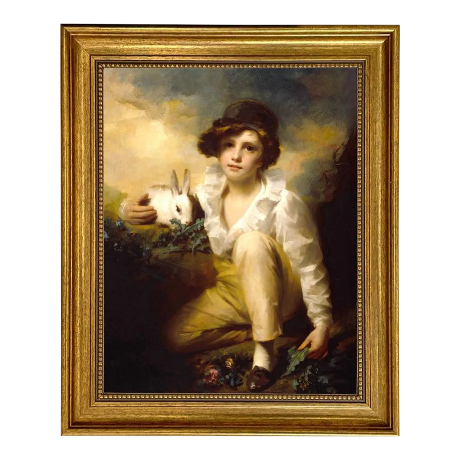 Boy and Rabbit by Raeburn Print on Canvas in Antiqued Gold Frame- 14-1/ ...