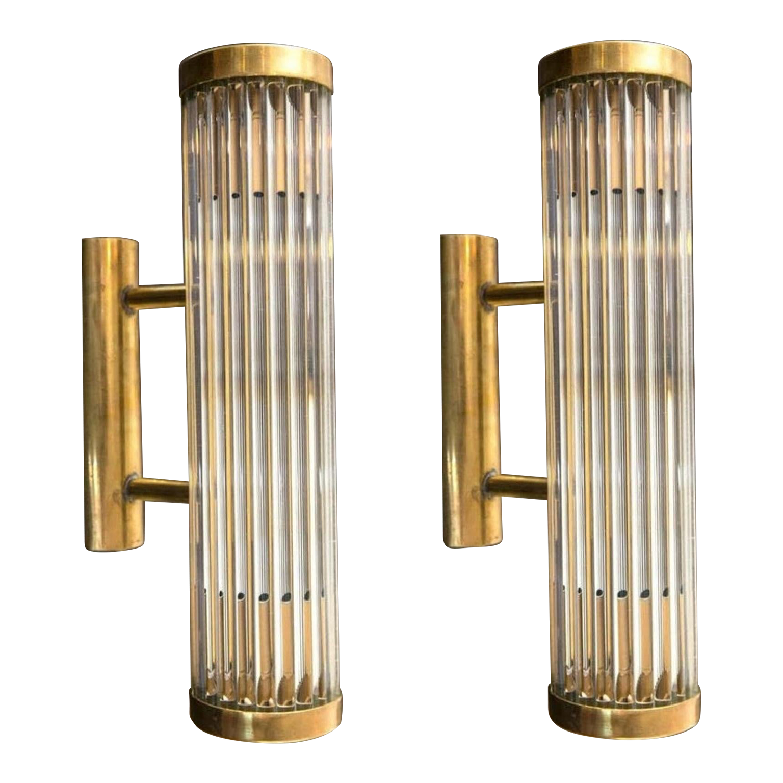 Vintage 1940s Art Deco Skyscraper Wall Sconces Fixture In Brass Glass