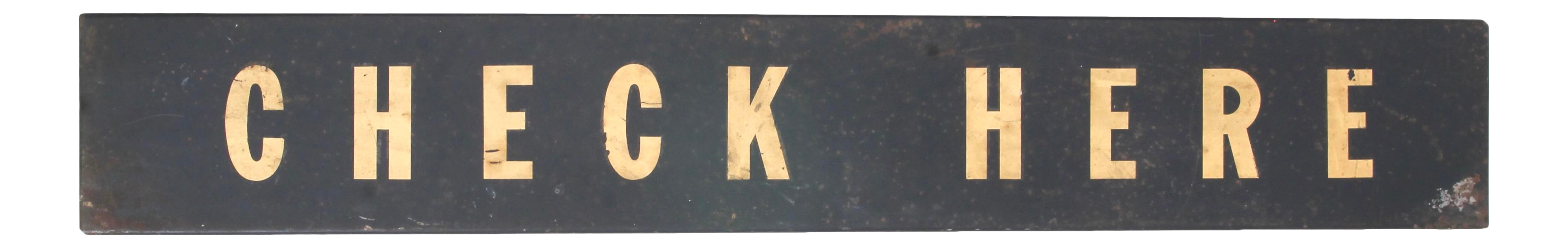 Vintage Metal Check Here Sign | Chairish