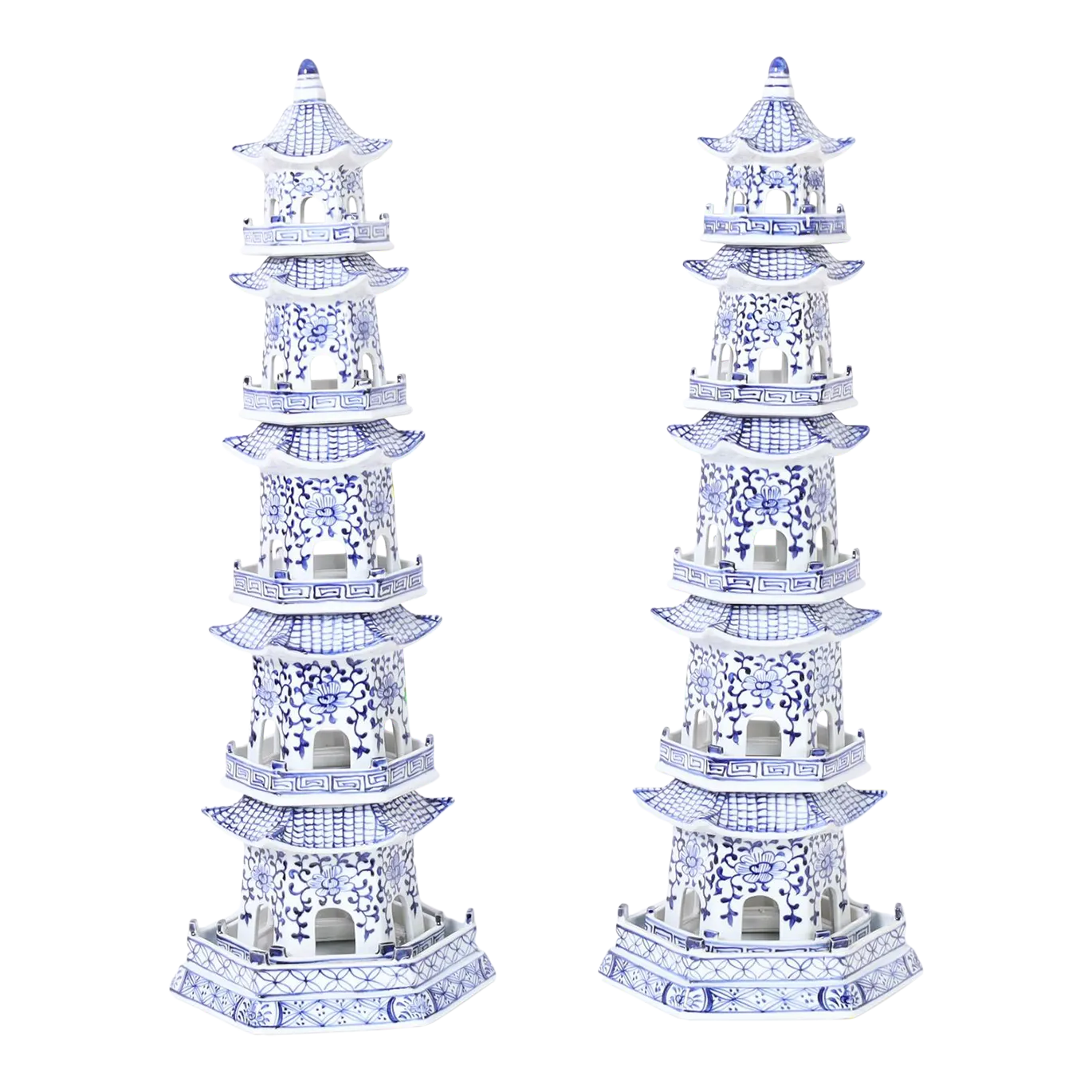Pair of Blue and White Porcelain Pagoda Towers | Chairish