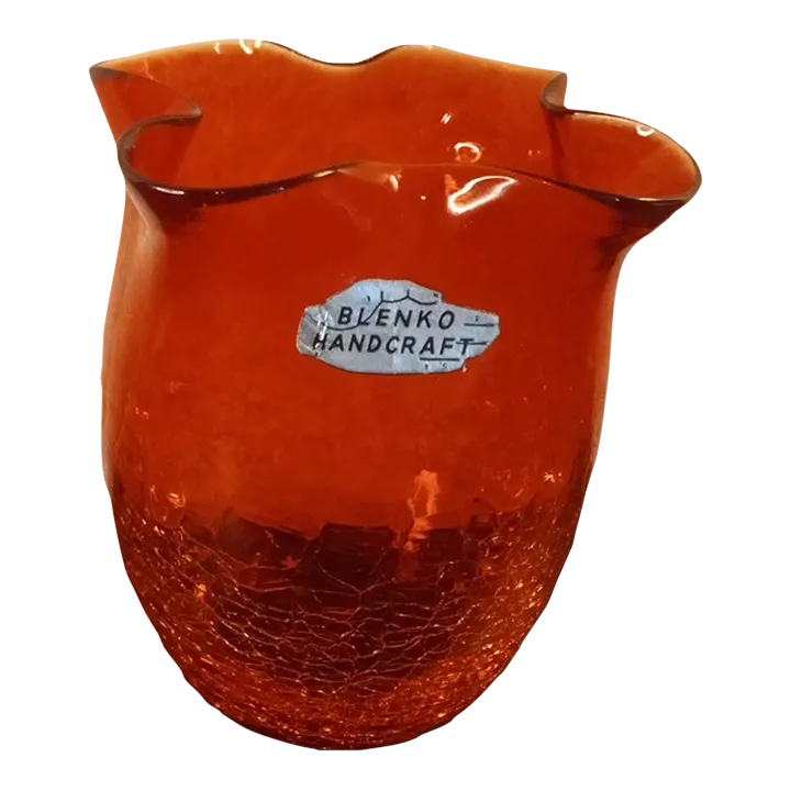 1980s Blenko Handcrafted Crackled Cranberry Red Glass Scalloped Edge ...