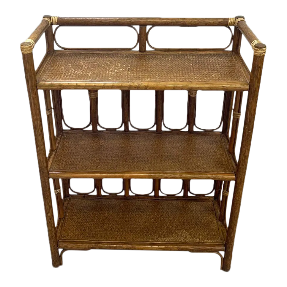 1970s Vintage Rattan and Wicker 3 Tier Bookshelf | Chairish
