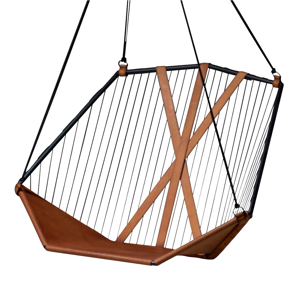Modern Brown & Black Leather Angular Sling Swing Chair | Chairish