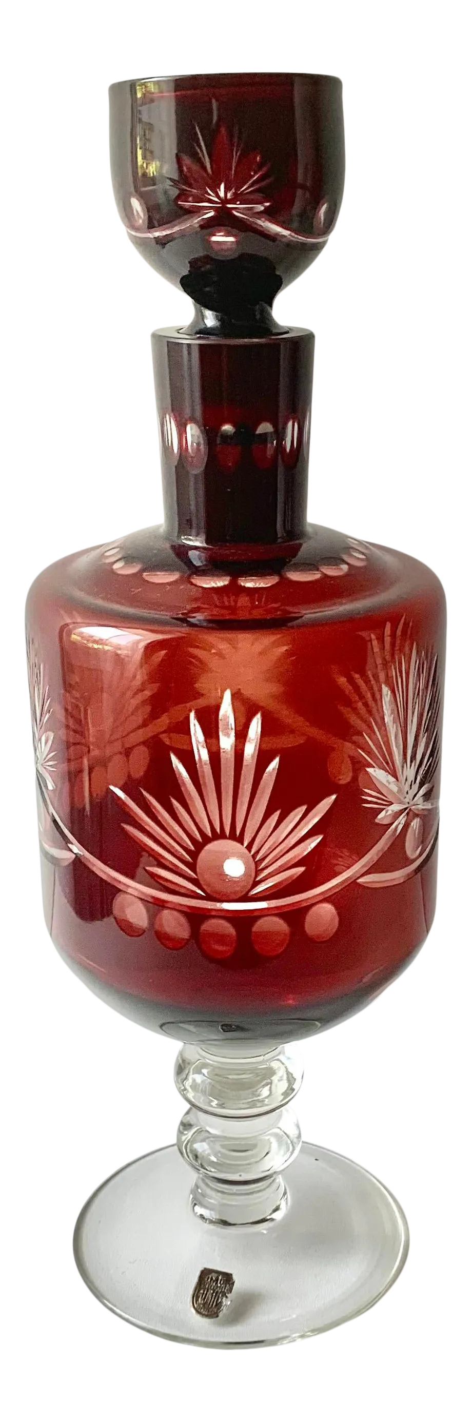 Large Vintage Ruby Red Hand Cut Glass Footed Wine Decanter | Chairish