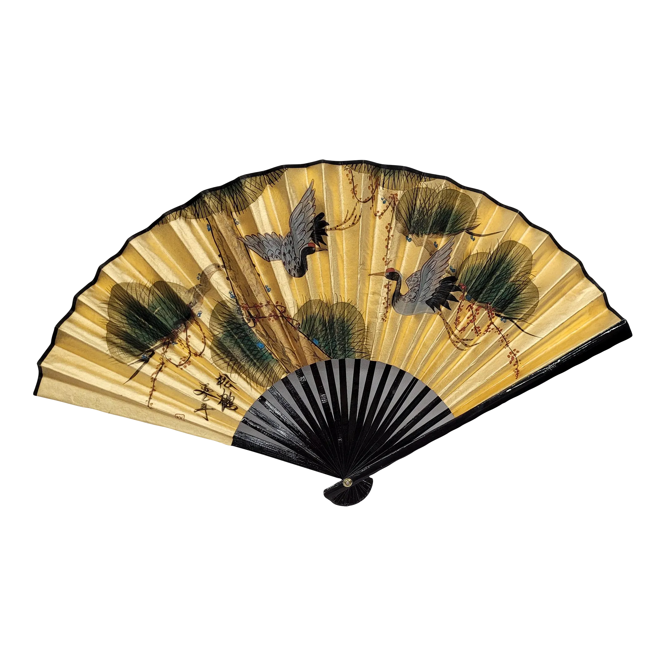 Vintage Hand-Painted Black Lacquered Bamboo Wood Flowers Asian Hand ...
