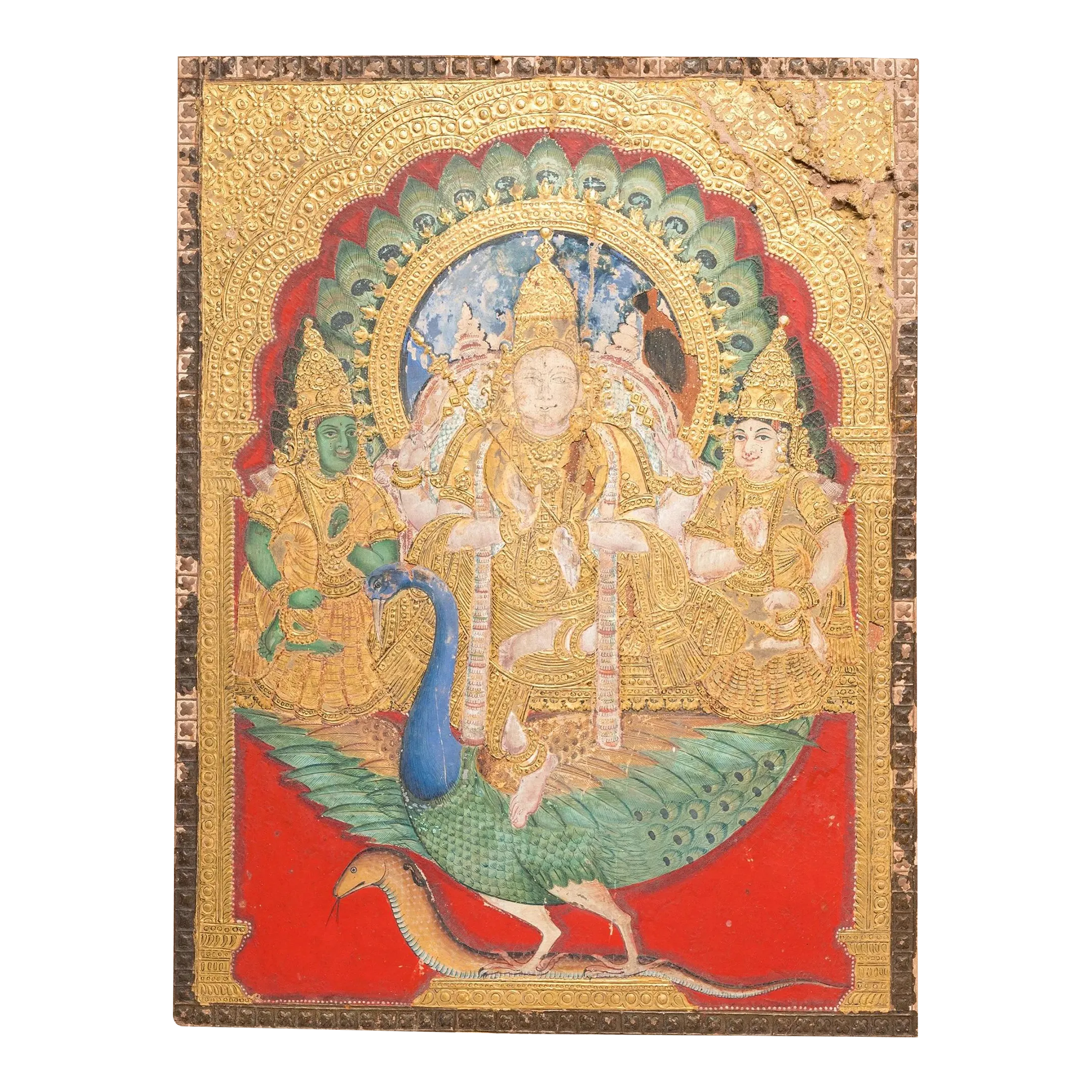 19th C Indian Thanjavur Tanjore Painting Gold Gilt Murugan on His ...