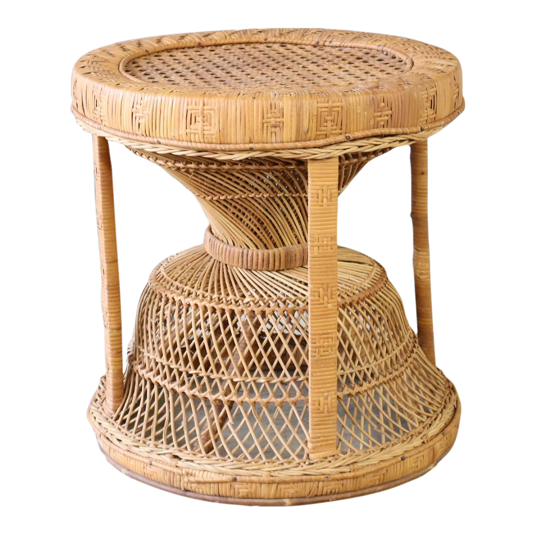 Vintage Wicker Rattan Emmanuelle Peacock Foot Stool OttomanWoven Pattern Cane Retro Mid Century ...