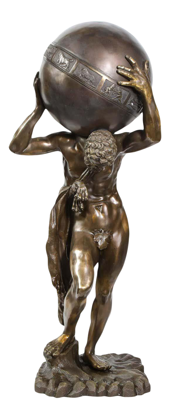 Midcentury Bronze Sculpture of Atlas Holding Globe Banded with Zodiac ...