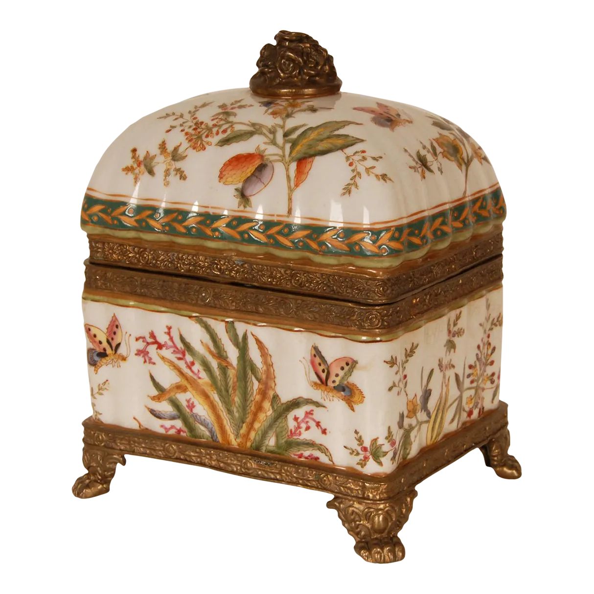 1980s Vintage Bronze Mounted Porcelain Box Hand Painted Butterflies and ...