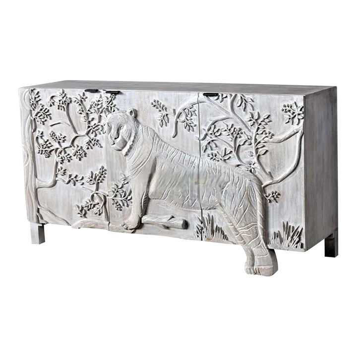 Mother Nature White Sideboard Hand Carved Tiger Front Doors | Chairish