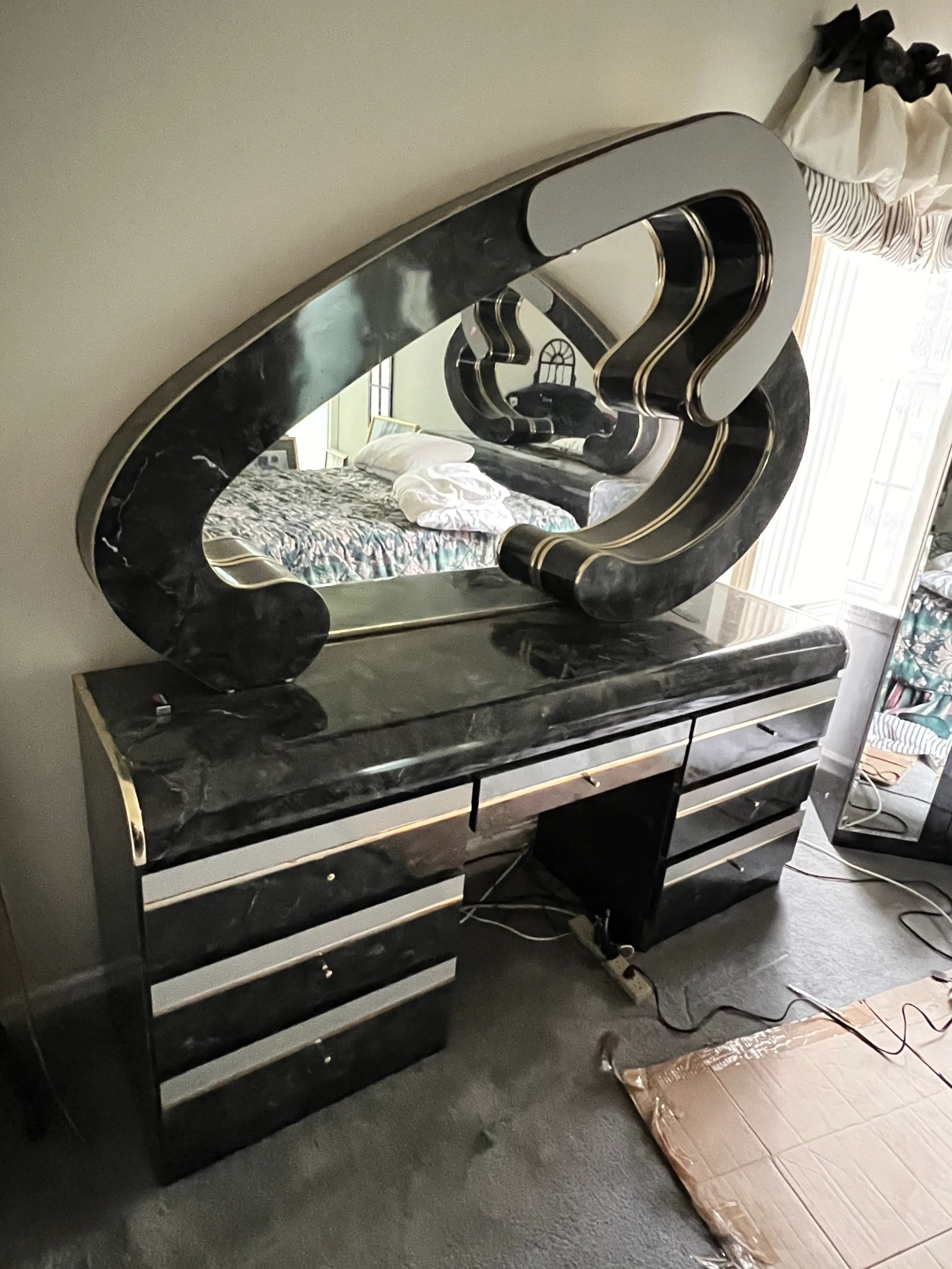 1980 Faux Marble Heart Black Laminate Mirror Vanity Dresser Chairish