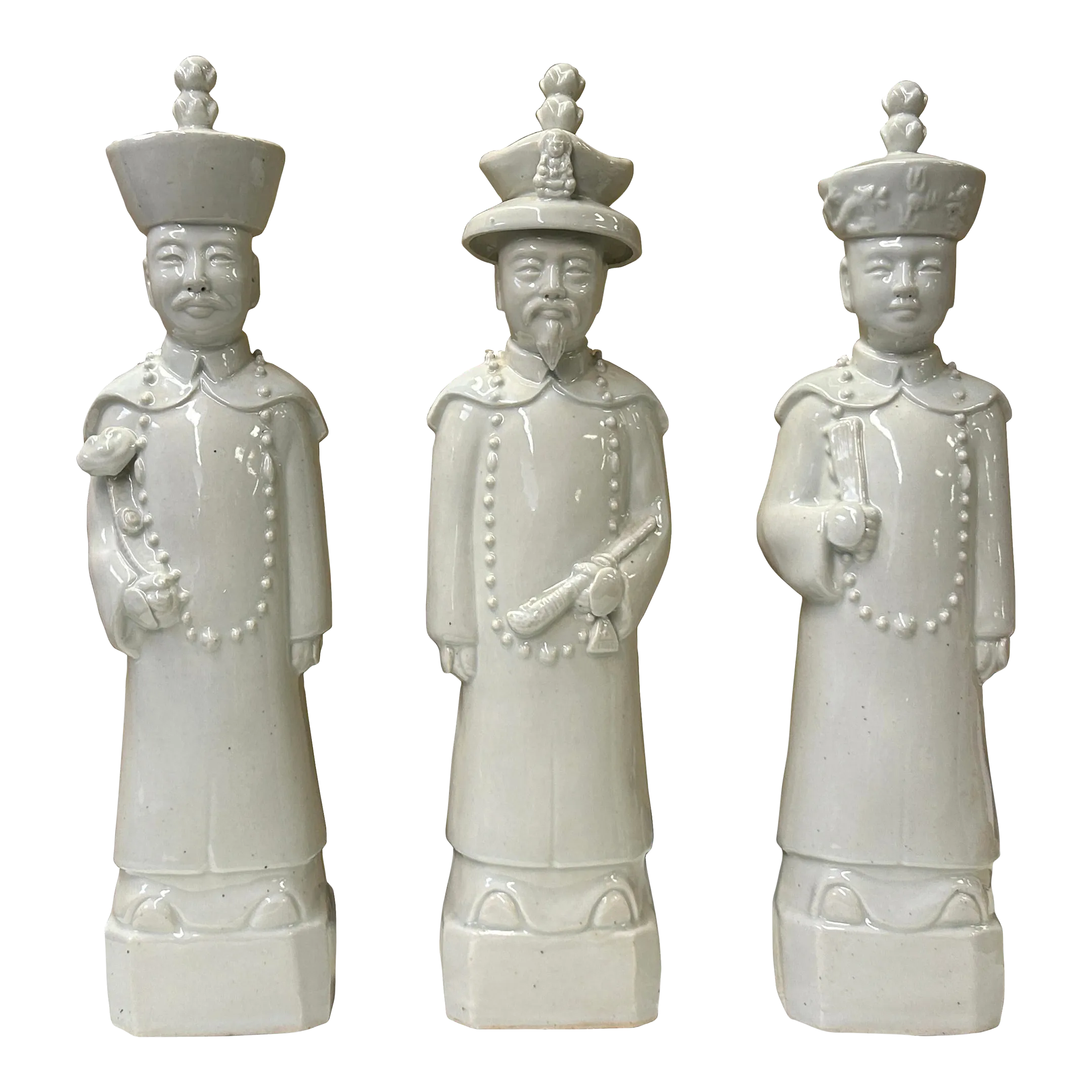 15" Chinese White 3 Standing Ching Qing Emperor Kings Figure Set | Chairish