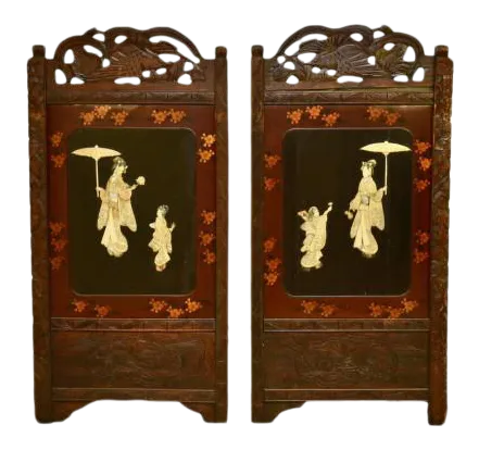 Antique Carved Wood Lacquered Japanese Geisha Screen Panels - a Pair ...