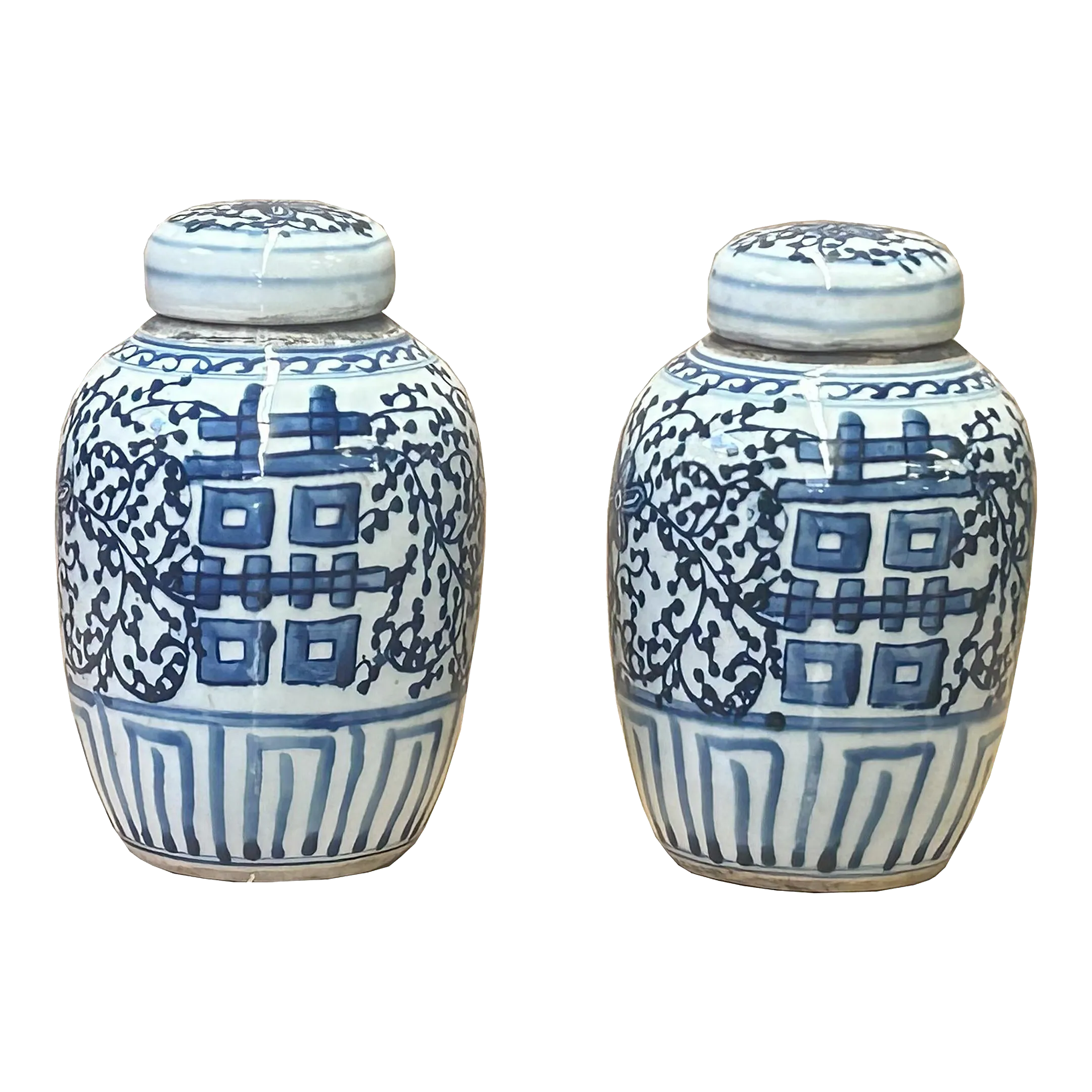 Pair Oriental Blue White Porcelain Double Happiness Character Jars ...