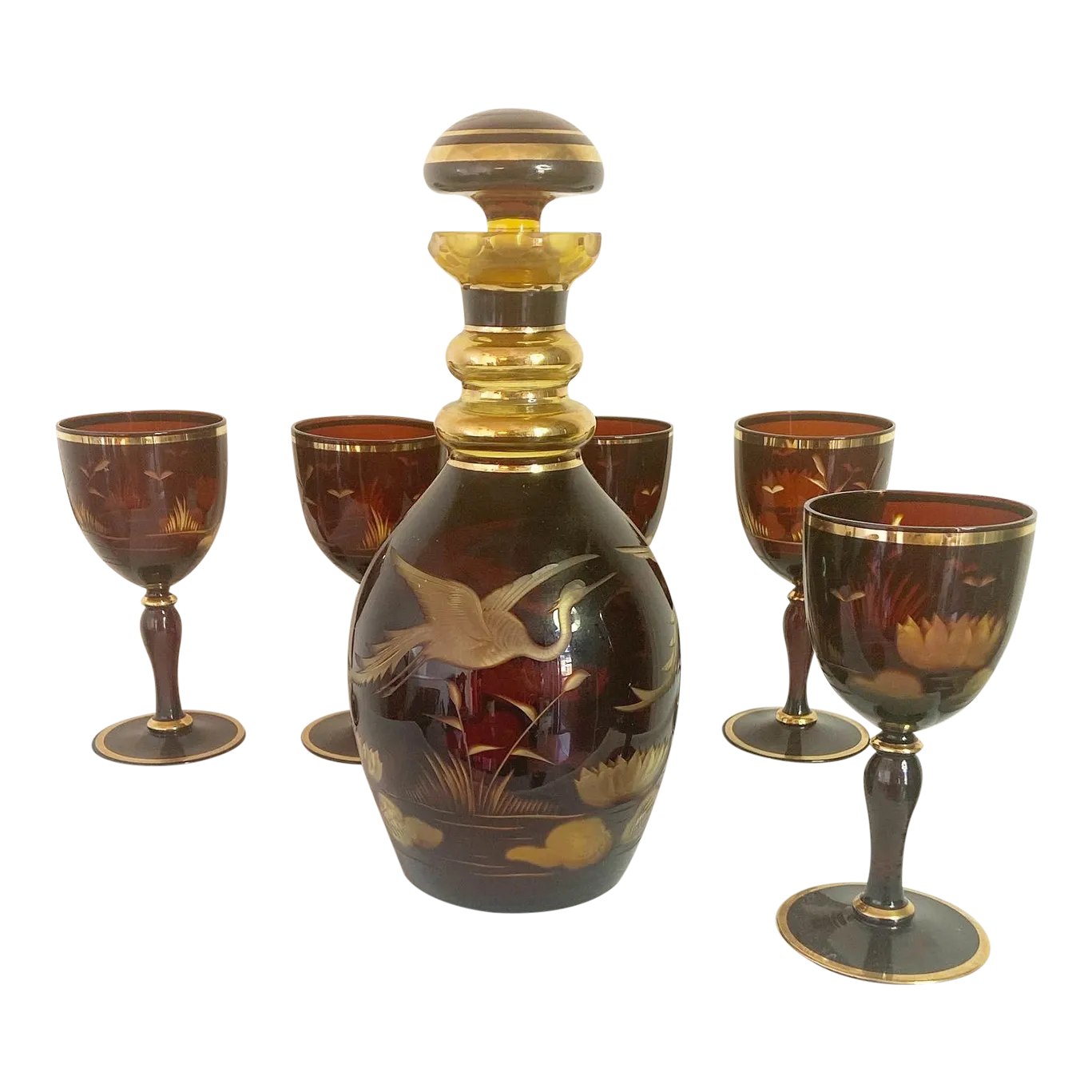 Vintage Bohemian Etched Amber Glass Decanter With Glasses- 6 Pieces ...
