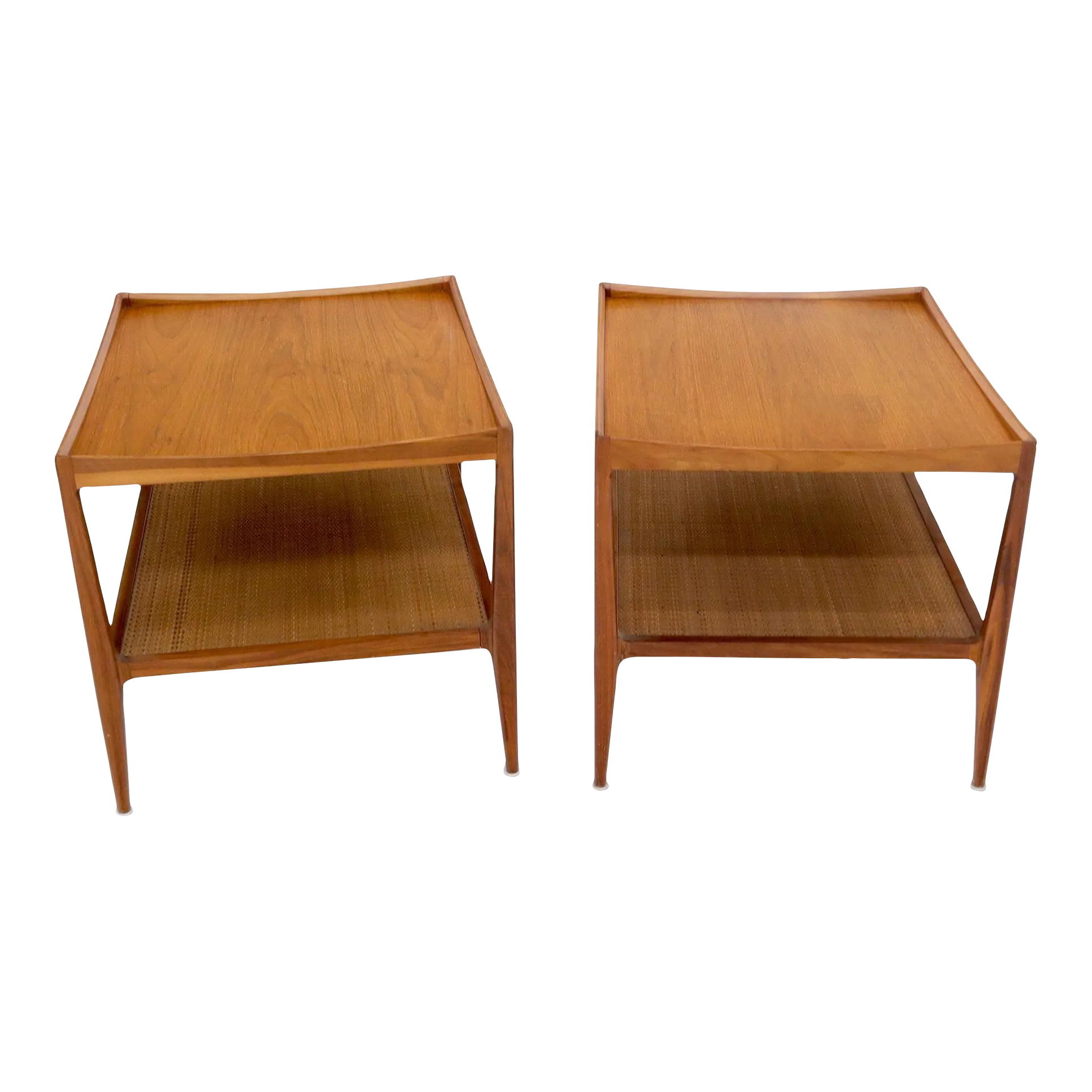 Pair of Walnut Mid-Century Modern Two-Tier Cane Shelf End Side Tables ...