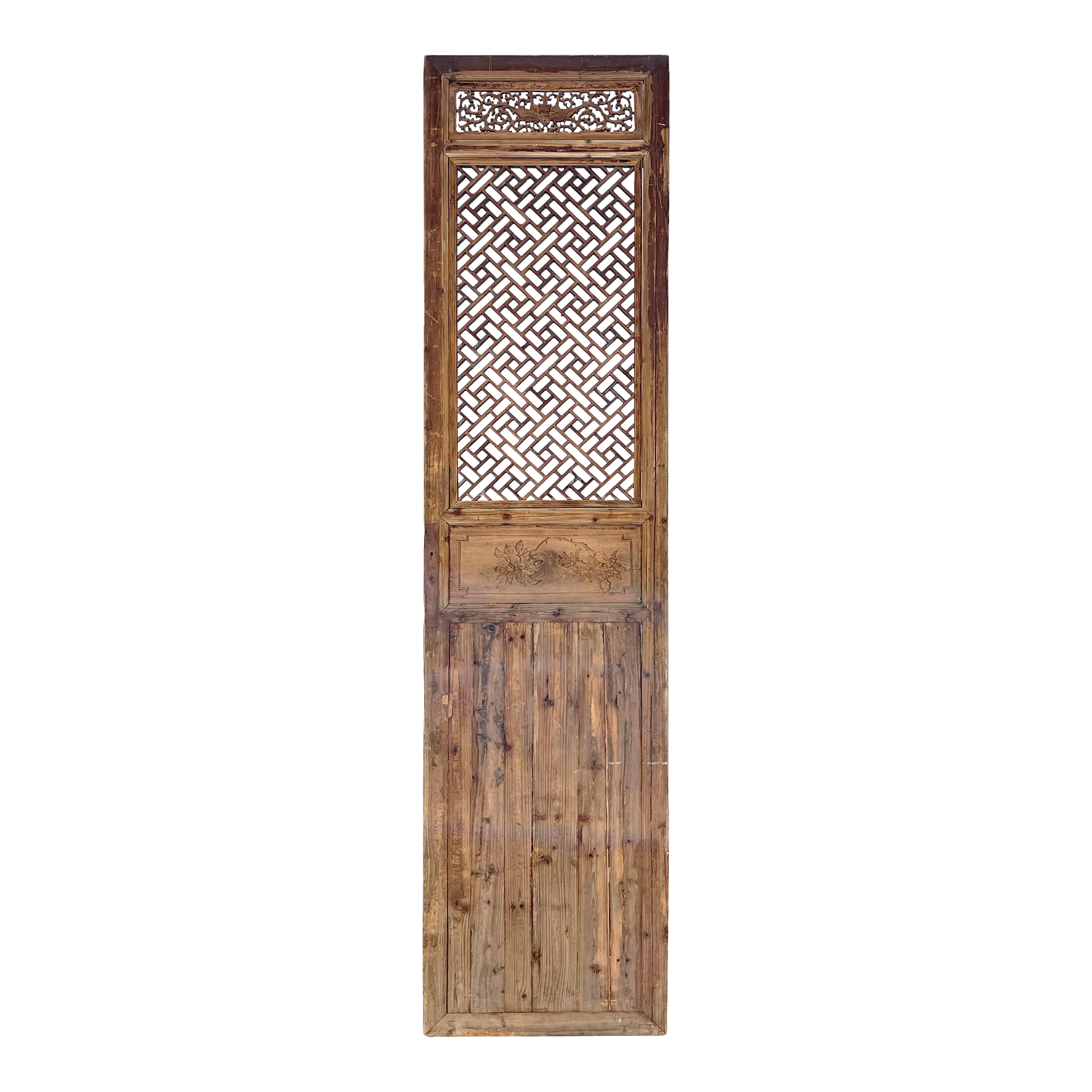 Chinese Vintage Bat Flower Geometric Pattern Tall Wood Floor Panel ...