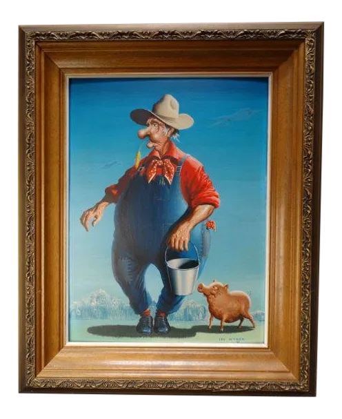 Vintage Mid-Century Irv Wyner the Farmer and His Pig Buddy Painting ...
