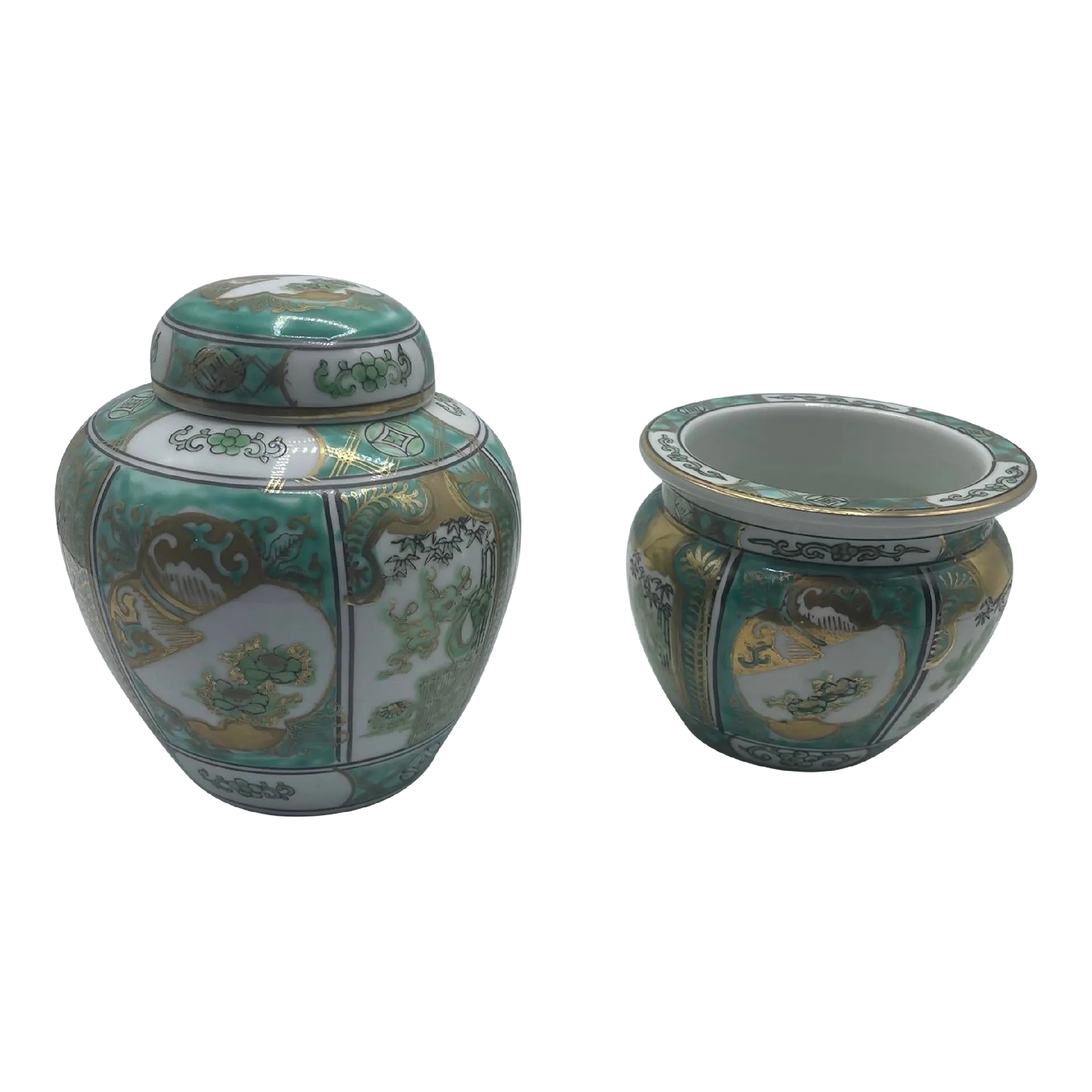 Imari Porcelain Green and Gold Ginger Jar and Cachepot, Circa 1960 ...