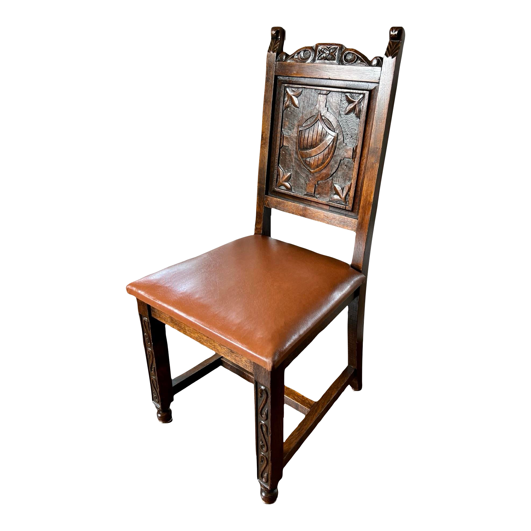 Antique French Carved Oak & Leather Shield Statement Chair | Chairish