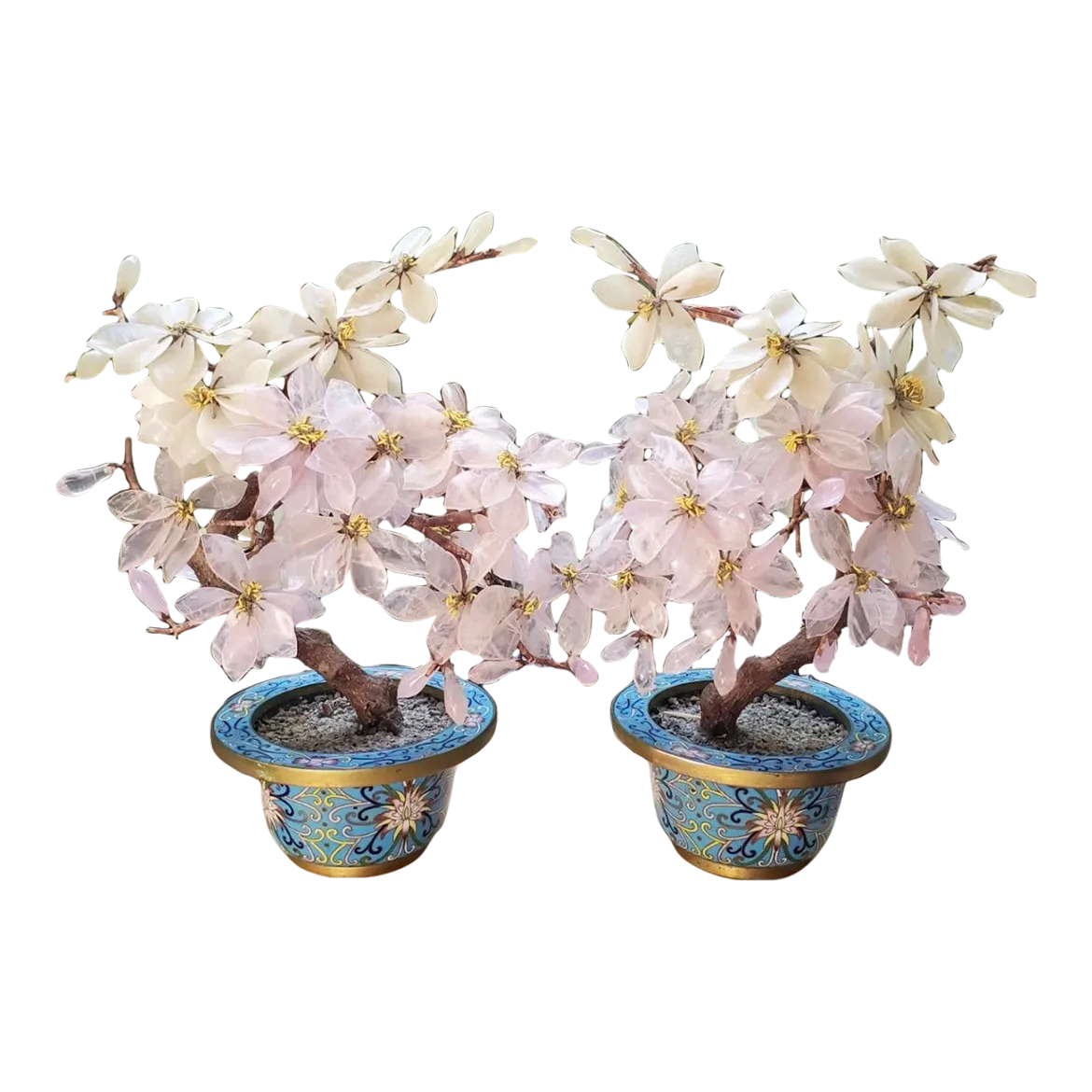 Pair of Antique Chinese Jade Stone Bonsai Trees Magnolia Blossoms ...