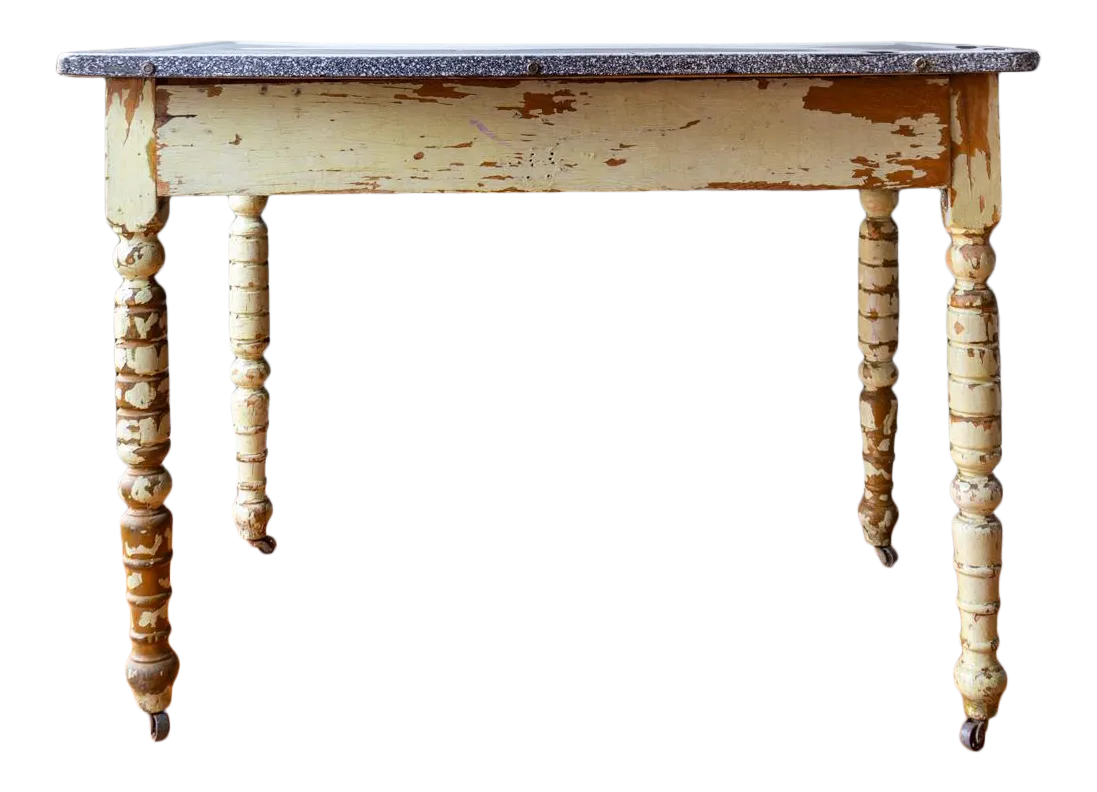 Antique Rustic Green Enamel Top Bakers Table | Chairish