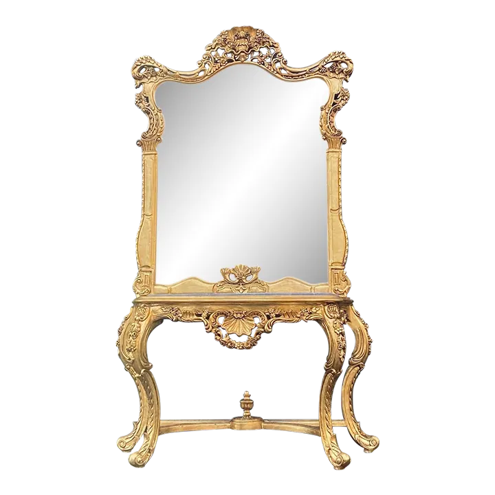 1940's French Louis XVI Baroque Rococo Handmade Beech Console Set With ...