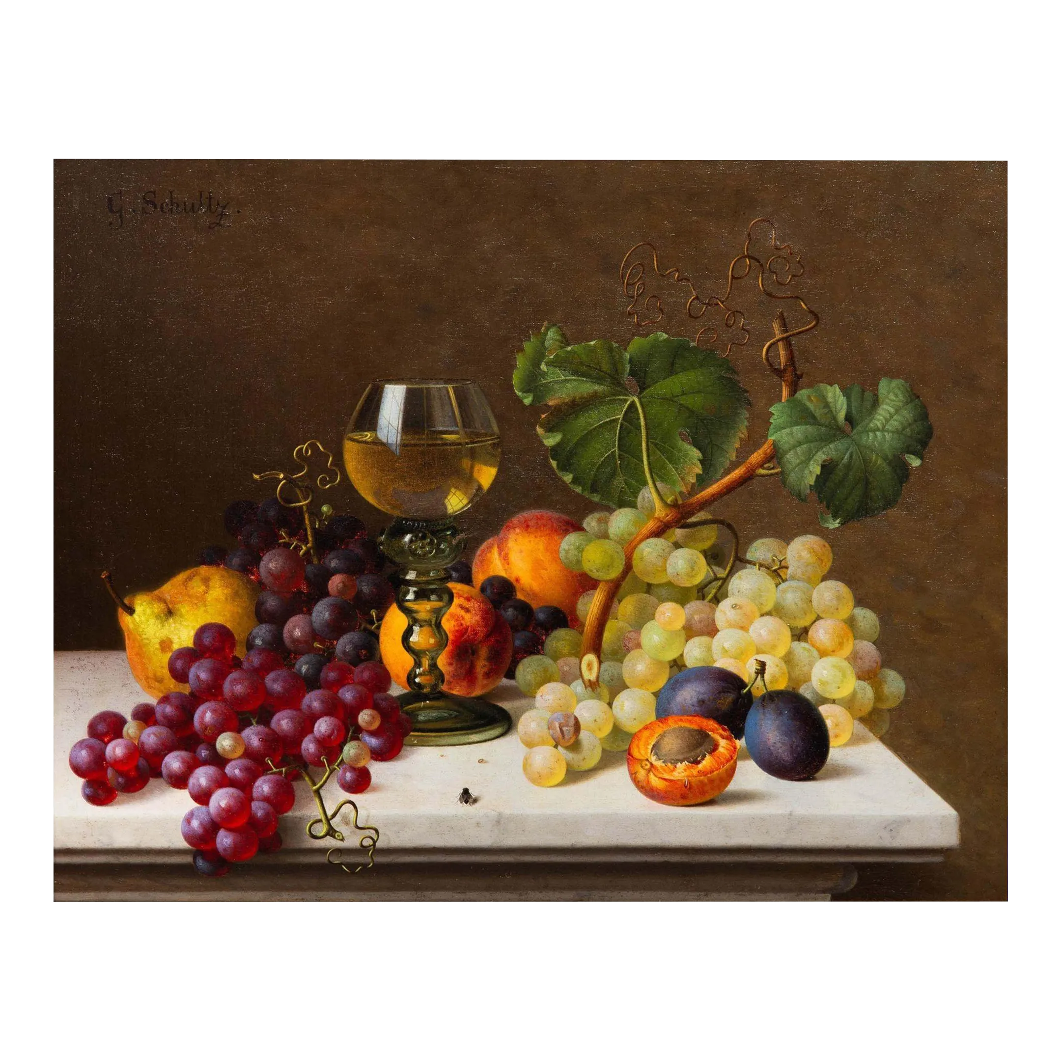 German Realist Still-Life Painting of Fruits and Wine by Gottfried ...