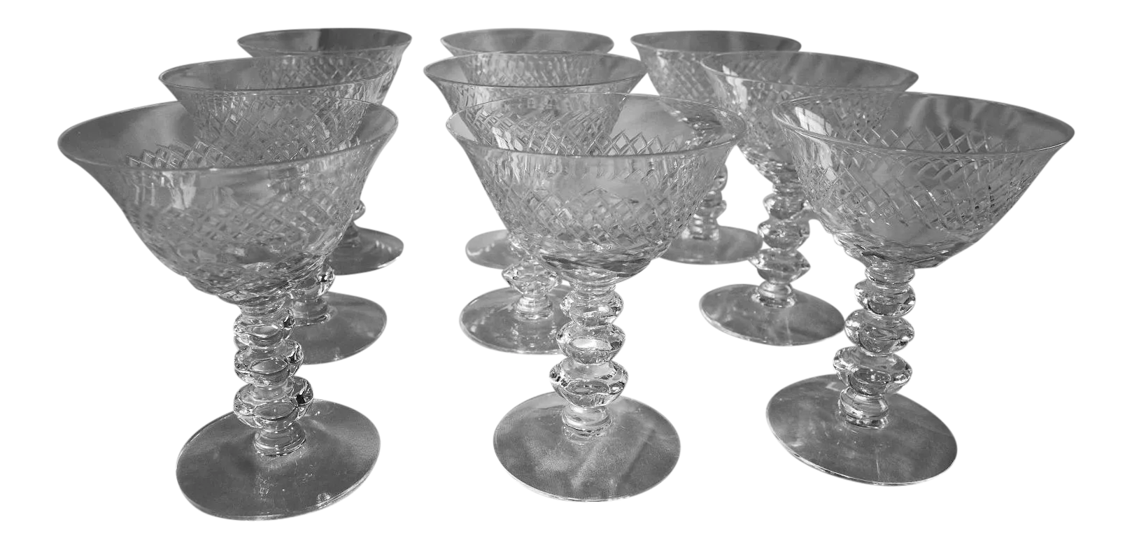 Diamond Pattern Cut Crystal Sherry Glasses - Set of 9 | Chairish