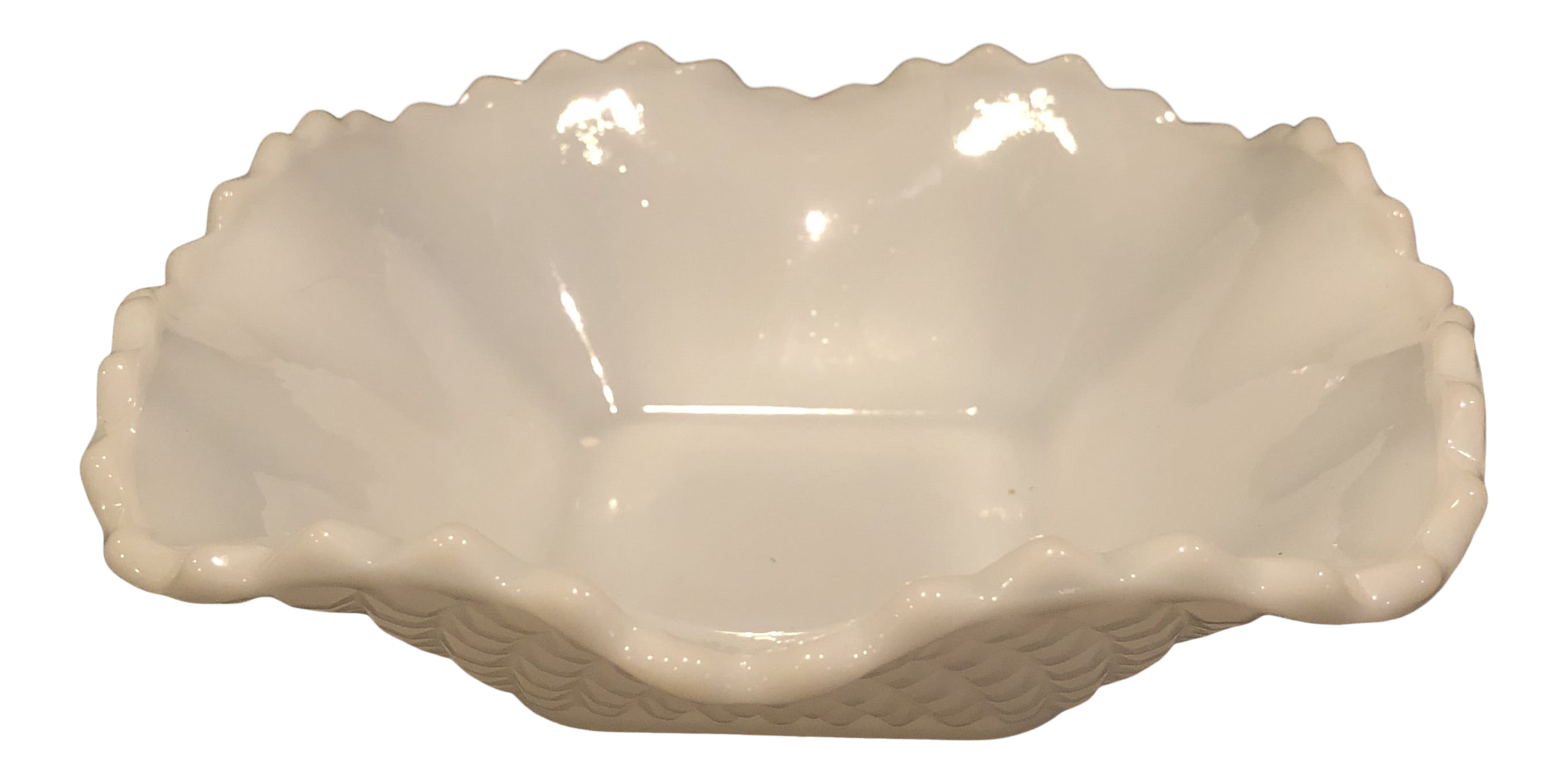 Mid-Century Milk Glass Ruffled Rim Diamond Pattern Dish | Chairish