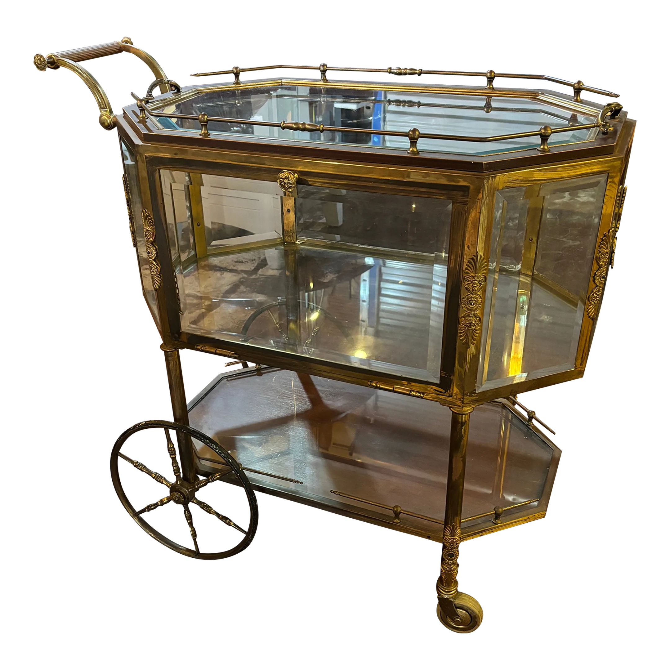 Mid 20th Century Brass and Beveled Glass Tea Cart | Chairish